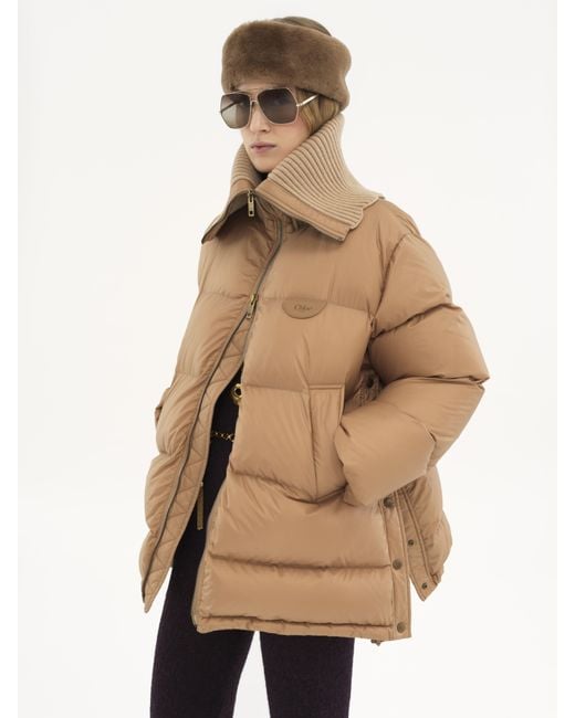 Chloé High-neck Puffer Jacket In Shiny Nylon in Brown | Lyst