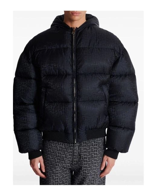 Balmain Monogram Jacquard Nylon Puffer Jacket in Blue for Men | Lyst UK