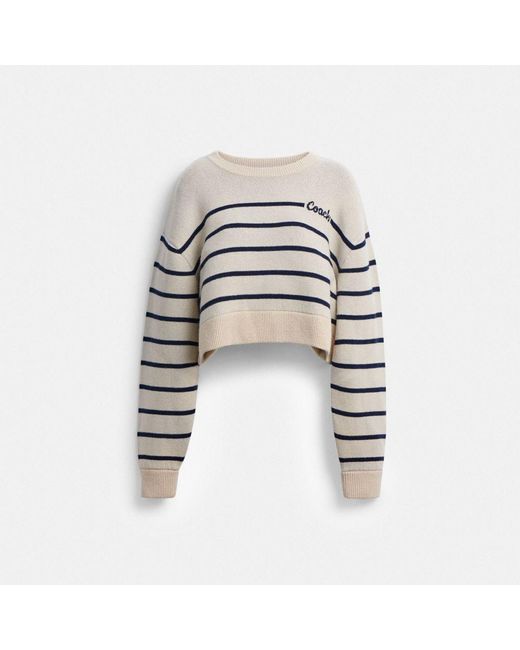 COACH Cursive Signature Striped Cropped Sweater in White | Lyst