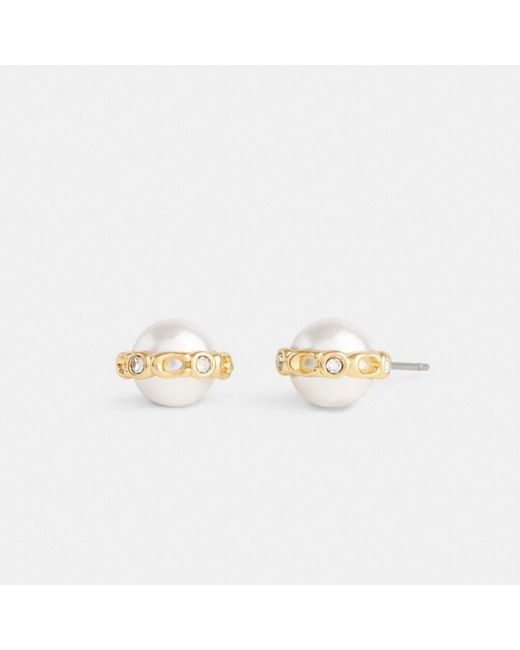 COACH Pearl Signature Stud Earrings in Metallic | Lyst