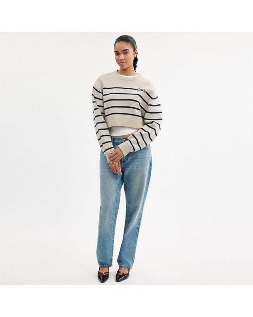 COACH Cursive Signature Striped Cropped Sweater in White | Lyst