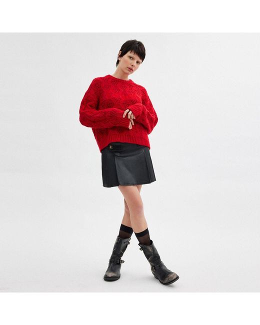 COACH Cable Knit Cursive Signature Cropped Sweater in Red | Lyst
