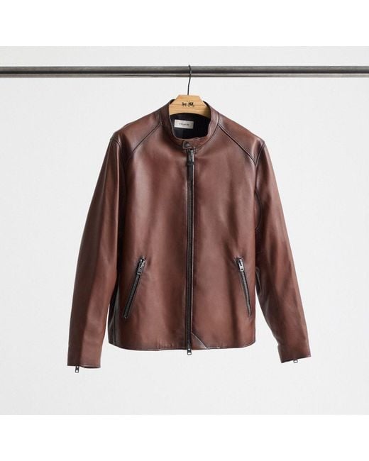 COACH Restored Leather Racer Jacket in Brown for Men | Lyst