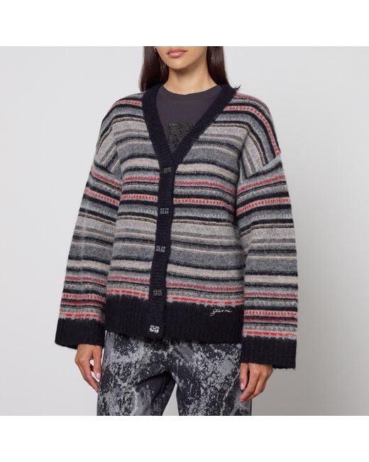 Ganni Striped Boxy Wool-Blend Cardigan in Black | Lyst