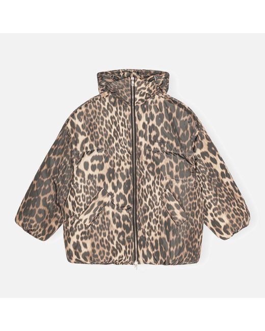 Ganni Leopard-Print Shell Puffer Jacket in Brown | Lyst