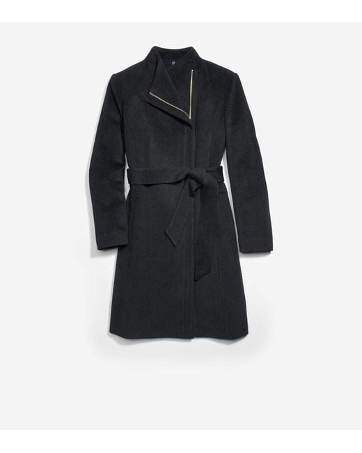 Cole Haan Moulded Collar Slick Wool Belted Coat in Black | Lyst