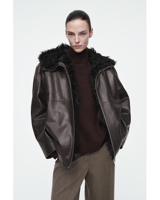COS Shearling-lined Nappa Hooded Jacket in Black | Lyst