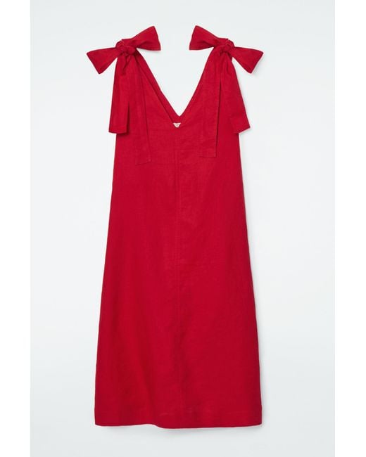 COS Bow-detail Linen Midi Dress in Red | Lyst UK
