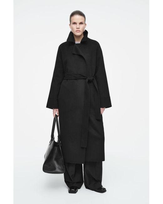 COS Belted Double-faced Wool Coat in Black | Lyst