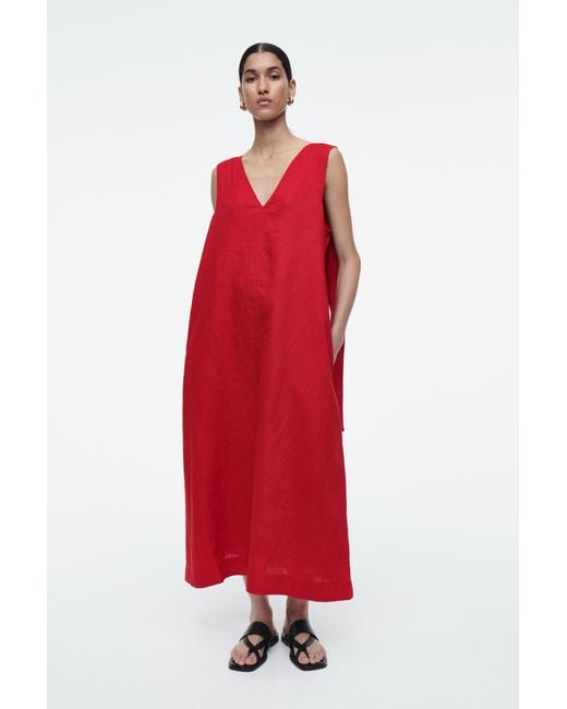 COS Bow-detail Linen Midi Dress in Red | Lyst UK