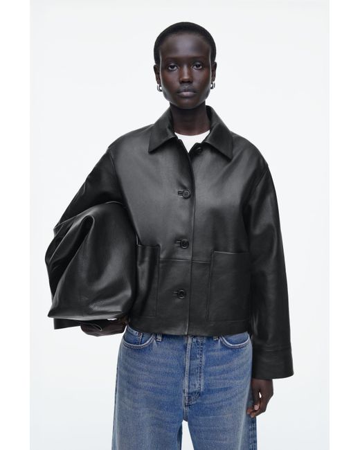 COS Boxy Collared Leather Jacket in Black | Lyst