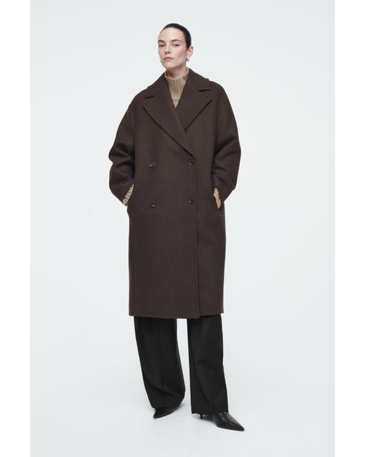 COS Double-breasted Wool-herringbone Coat in Brown | Lyst