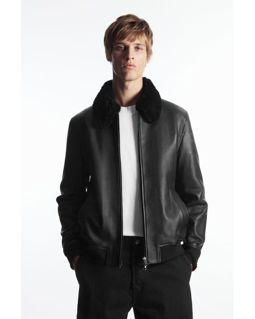 COS Shearling-trimmed Leather Bomber Jacket in Black for Men | Lyst