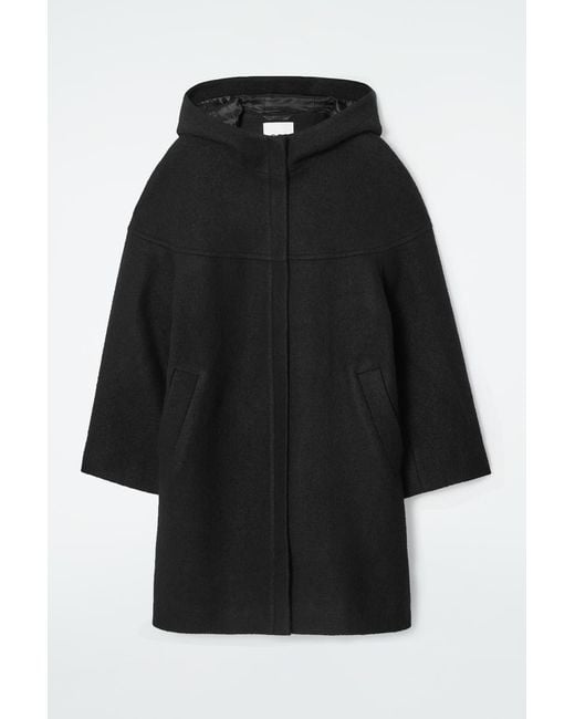 COS Hooded Boiled-wool Coat in Black | Lyst