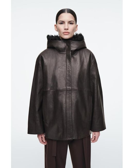 COS Shearling-lined Nappa Hooded Jacket in Black | Lyst