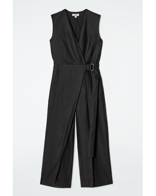 COS Wrap-Front Linen Jumpsuit in Black | Lyst