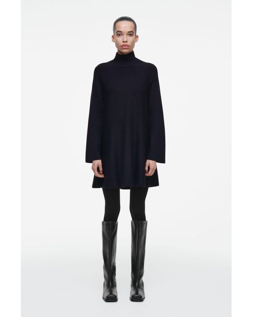 COS Flared High-neck Wool Mini Dress in Blue | Lyst