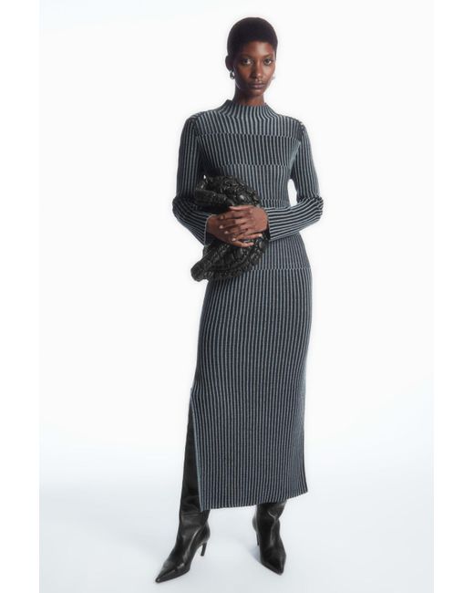 COS Striped Ribbed-knit Midi Dress in Gray | Lyst