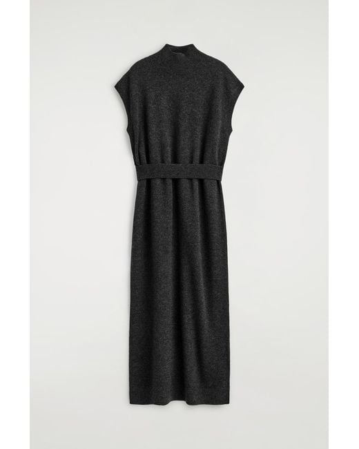 COS Belt-Detail Merino Wool Mock-Neck Dress in Black | Lyst UK