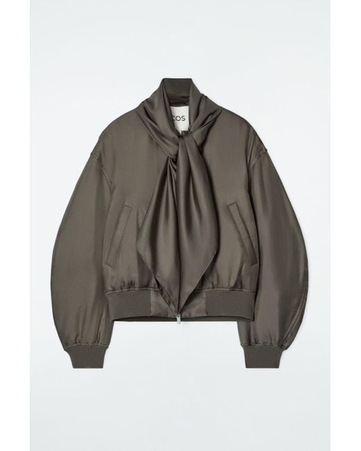 COS Scarf-detail Padded Silk Bomber Jacket in Brown | Lyst