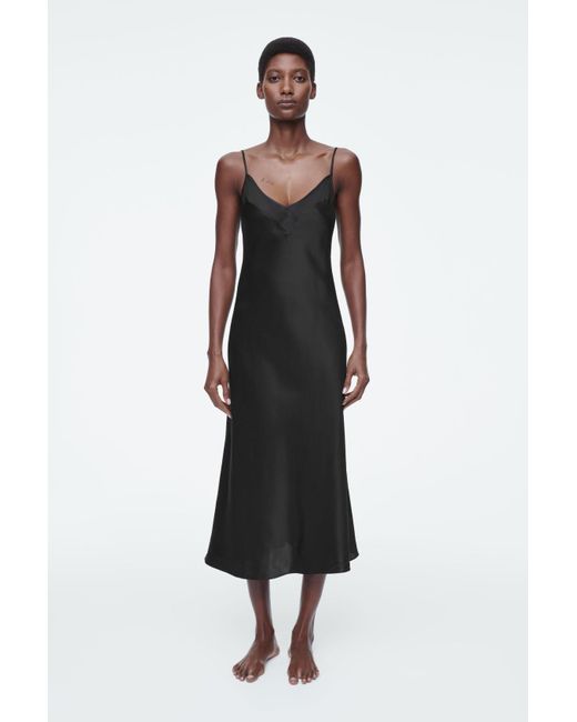 COS Sheer-panel Silk Slip Dress in Black | Lyst
