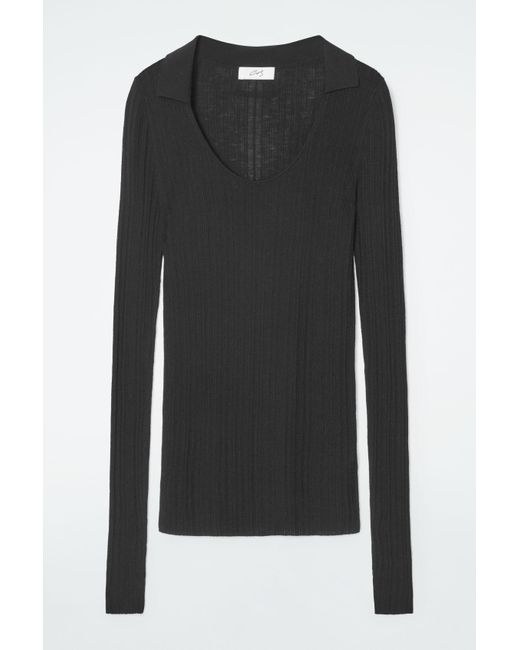 COS The Open-collar Merino Wool Top in Black | Lyst