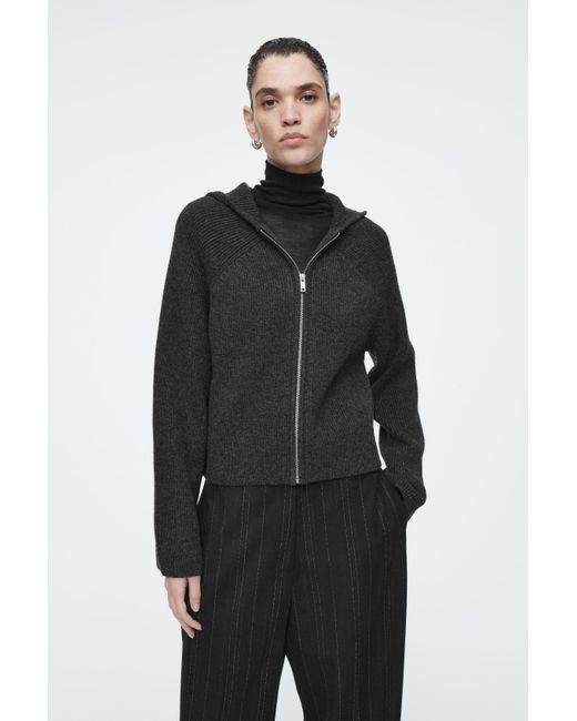COS Ribbed Merino Wool Hooded Jacket in Black | Lyst