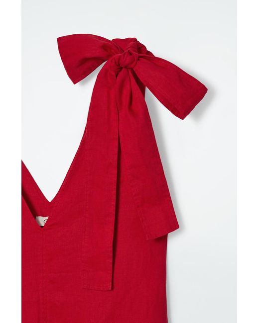 COS Bow-detail Linen Midi Dress in Red | Lyst