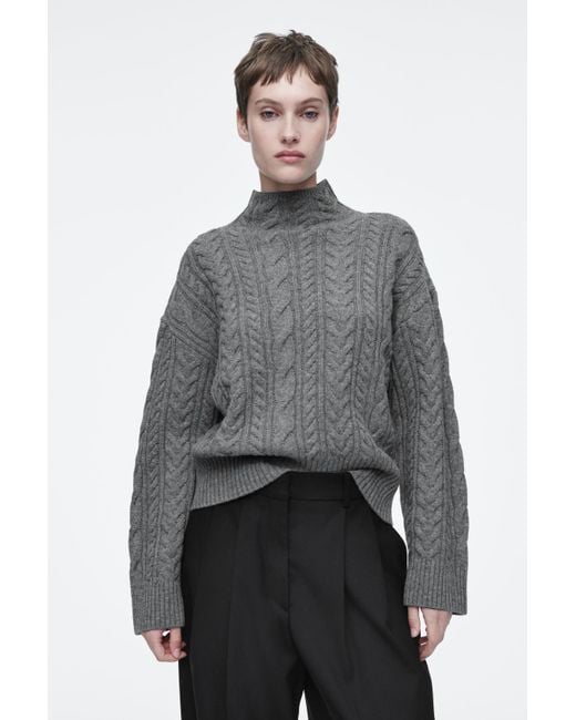 COS Cable-knit Wool Funnel-neck Sweater in Gray | Lyst
