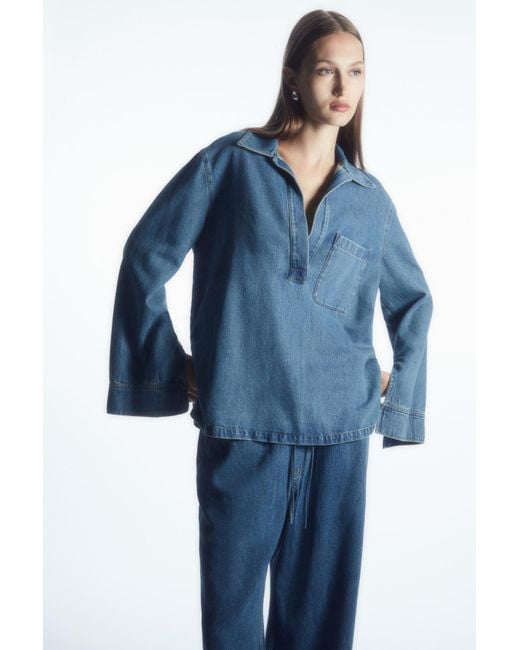 COS Collared V-neck Denim Top in Blue | Lyst