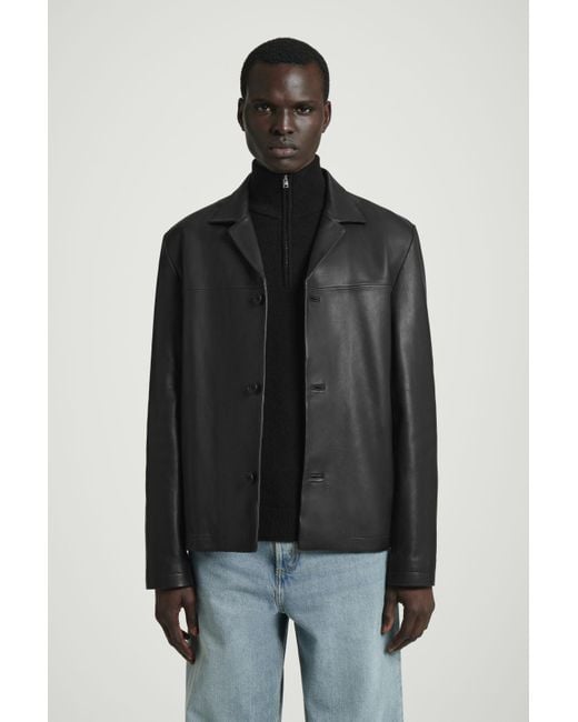 COS Camp-collar Leather Jacket in Black for Men | Lyst