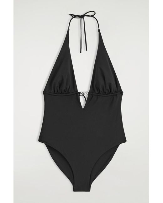 COS Embellished Plunge-Neck Swimsuit in Black | Lyst