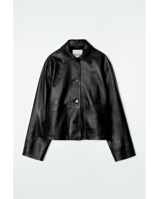 COS Boxy Collared Leather Jacket in Black | Lyst