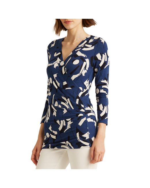 Sweat Alayja Geometric Print Surplice Jersey Top Lauren By Ralph Lauren