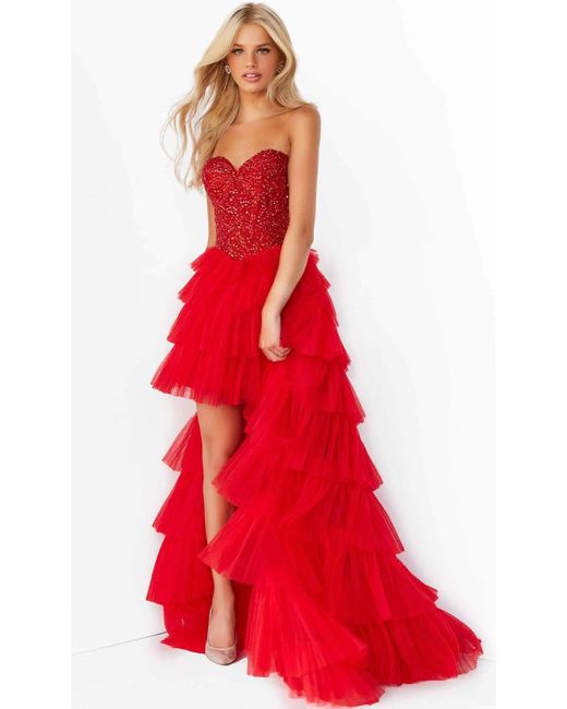 Jovani 08100 Bedazzled Strapless High Low Dress in Red | Lyst Jovani 08100 Bedazzled Strapless High Low Dress in Red | Lyst