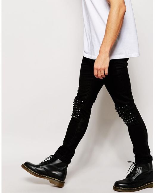 ASOS Super Skinny Jeans With Studded Knee Panels in Black for Men | Lyst