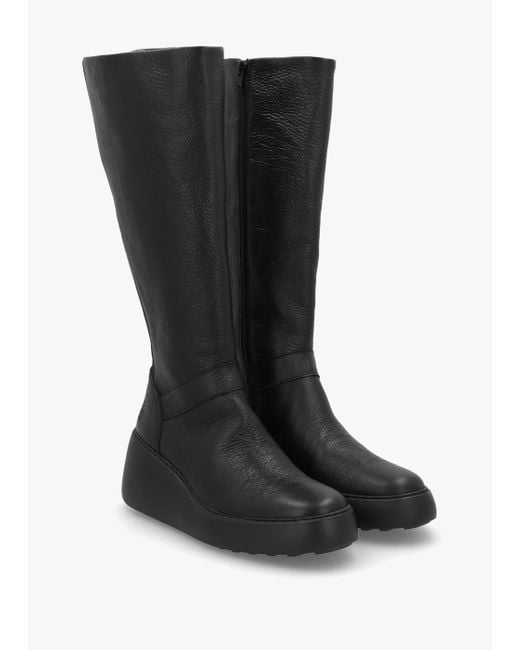 Fly London Dova Black Full Grain Leather Wedge Knee Boots | Lyst