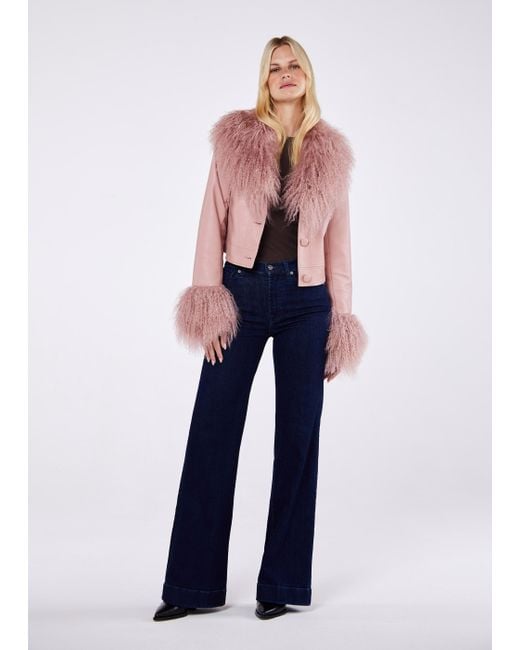 Charlotte Simone Cropped Penny Dust Pink Mongolian Trim Jacket | Lyst