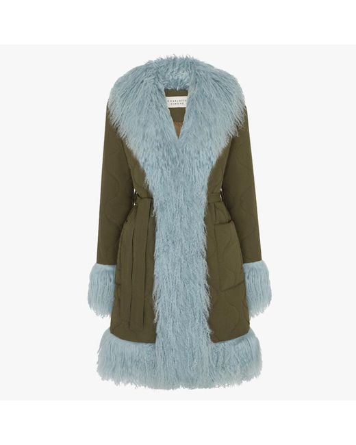 Charlotte Simone Little Puff Khaki Nylon Shearling Trim Jacket in Green ...