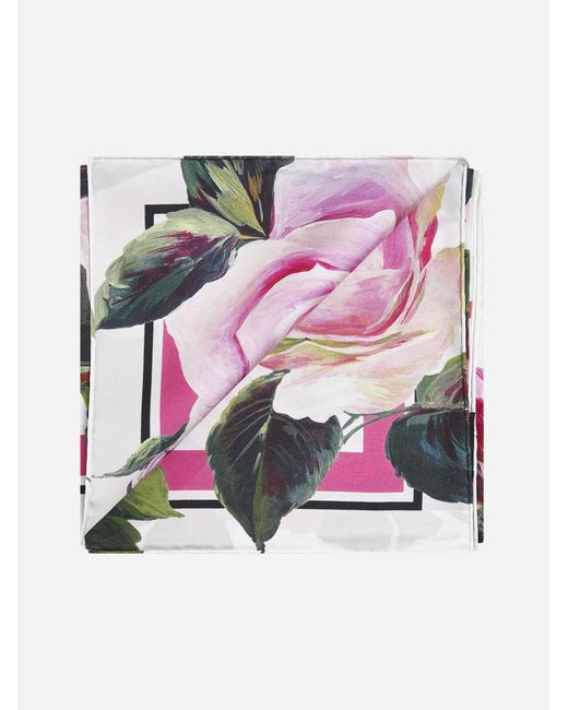 Dolce & Gabbana Rose Print Silk Twill Scarf in Pink | Lyst UK