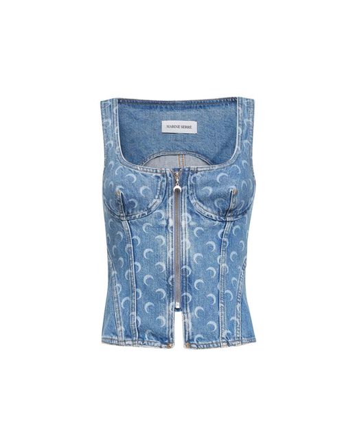Marine Serre Denim Moon Laser Bustier Top in Blue | Lyst UK