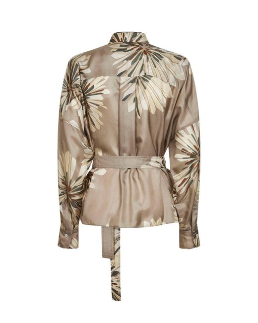 Brunello Cucinelli Khaki Bloom Print Pongée Belted Shirt With Monili in ...