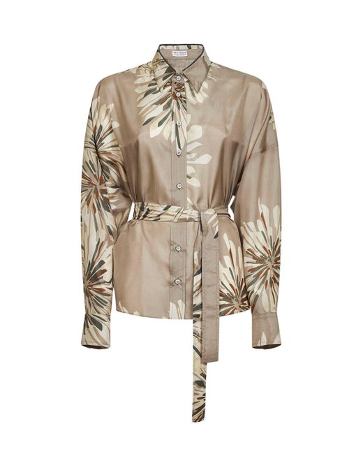 Brunello Cucinelli Khaki Bloom Print Pongée Belted Shirt With Monili in ...
