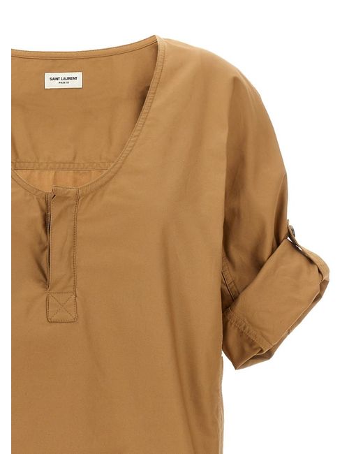 Saint Laurent Cotton Twill Wide-Neck Blouse in Brown | Lyst