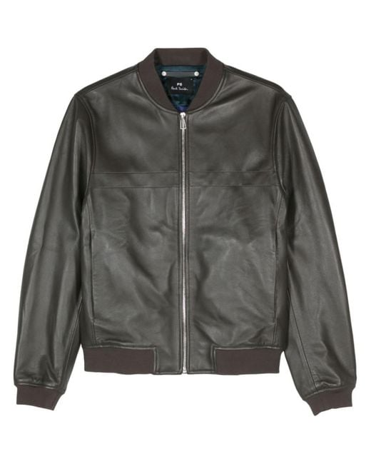 Paul Smith Dark Leather Bomber Jacket in Gray for Men | Lyst