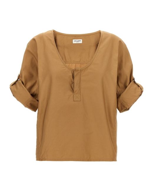 Saint Laurent Cotton Twill Wide-Neck Blouse in Brown | Lyst