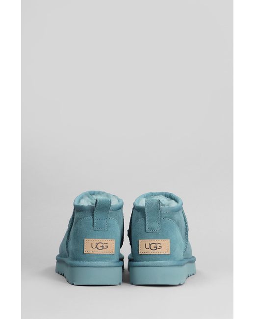 UGG Classic Ultra Mini Low Heels Ankle Boots In Petroleum Suede in Blue ...