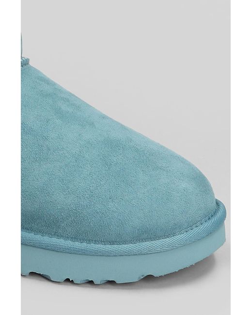 UGG Classic Ultra Mini Low Heels Ankle Boots In Petroleum Suede in Blue ...