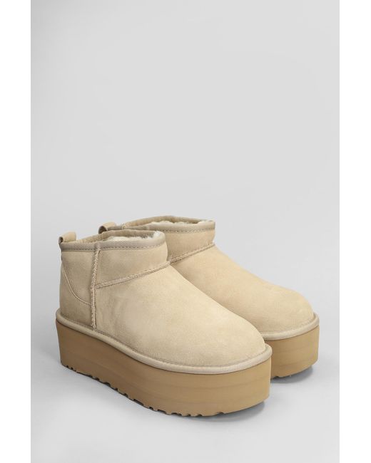 UGG Classic Ultra Mini Low Heels Ankle Boots In Beige Suede in Natural ...