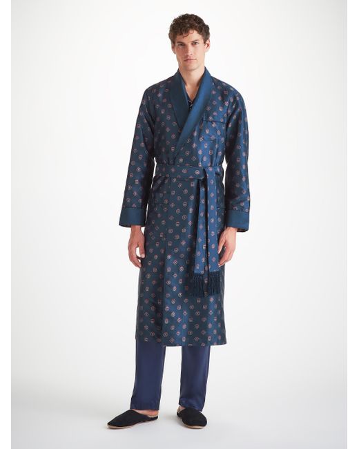 Derek Rose Dressing Gown Silk Jacquard Badge Pattern in Blue for Men | Lyst